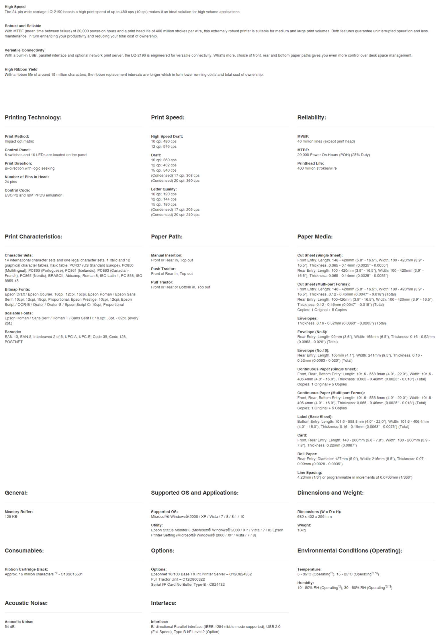 Epson LQ-2190 Dot Matrix Printer | Pacific Bookstores Pte Ltd